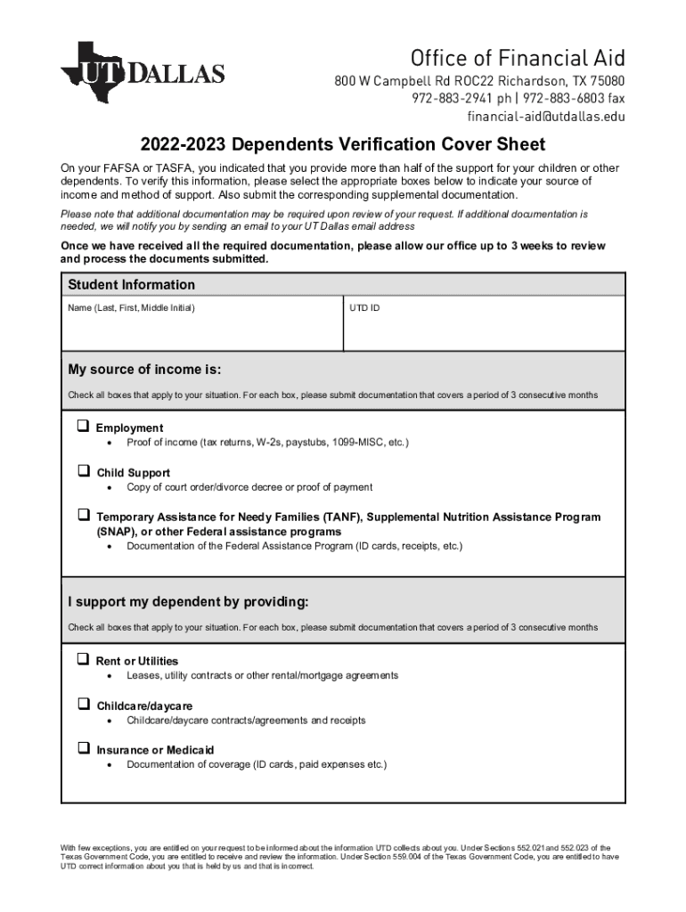 Fillable Online 2022-2023 Dependents Verification Cover Sheet - University of Texas at ... Fax ...