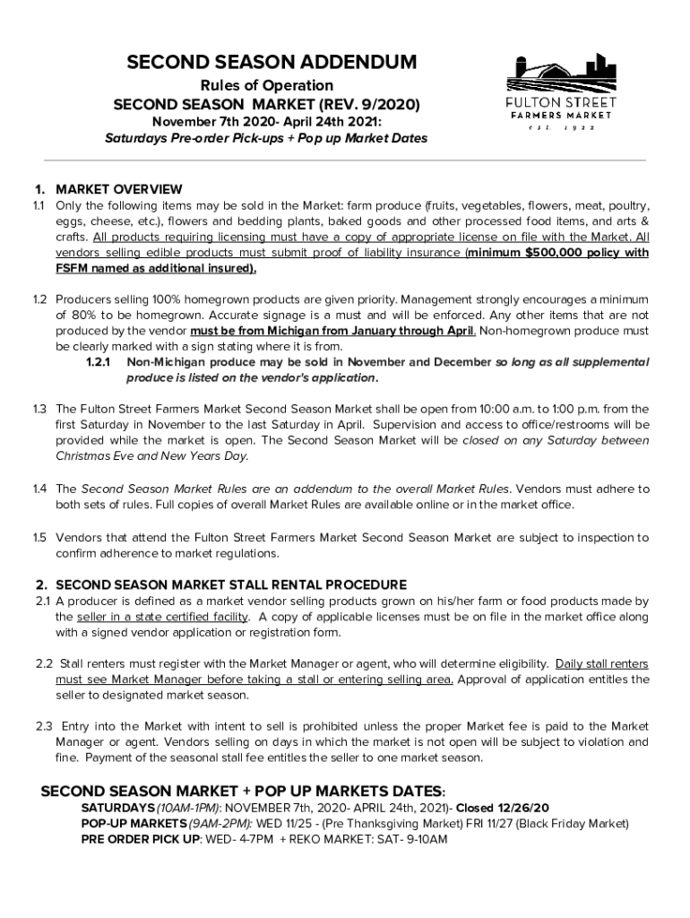 Fillable Online S ECOND SEASON ADDENDUM Rules of Operation SECOND SEASON MARKET (REV. 9 ... Fax ...