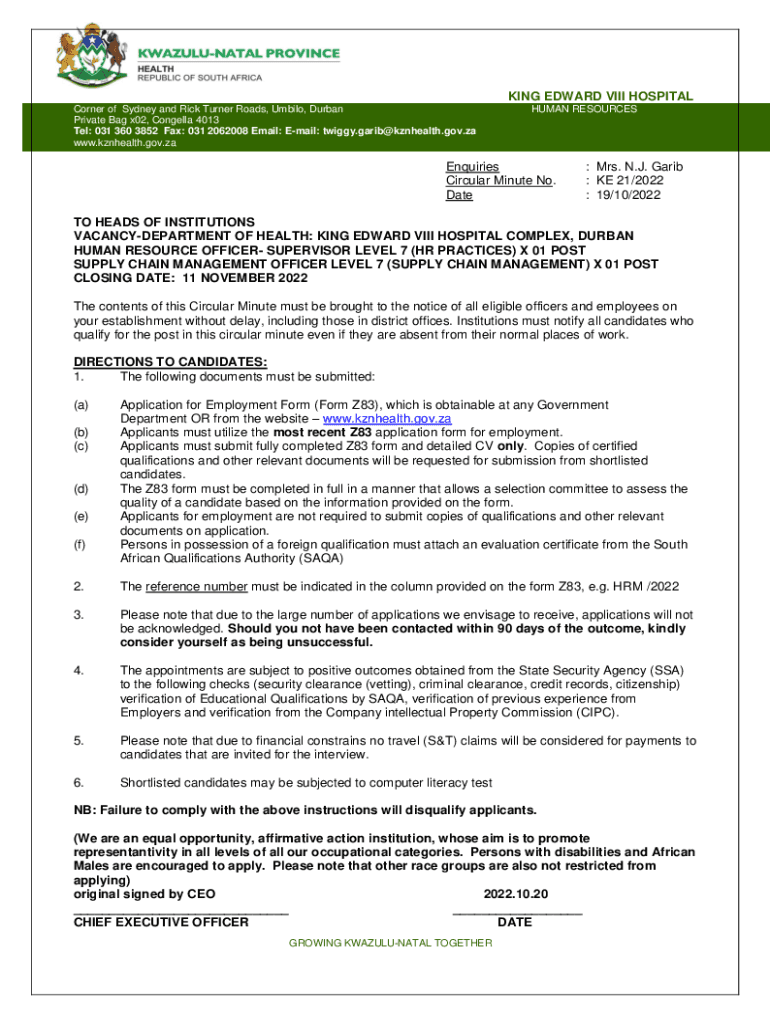 Fillable Online KING EDWARD VIII HOSPITAL COMPLEX Corner of Sydney and ...