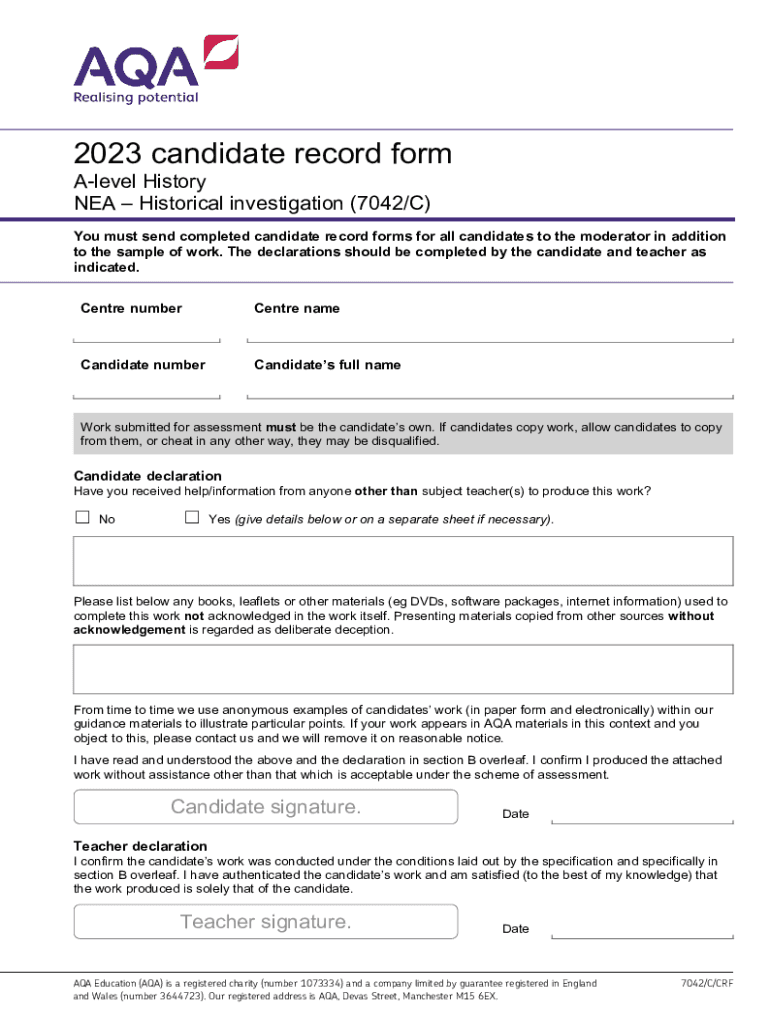Fillable Online filestore.aqa.org.ukadmincrfpdf2023 Candidate record form A-level History ...