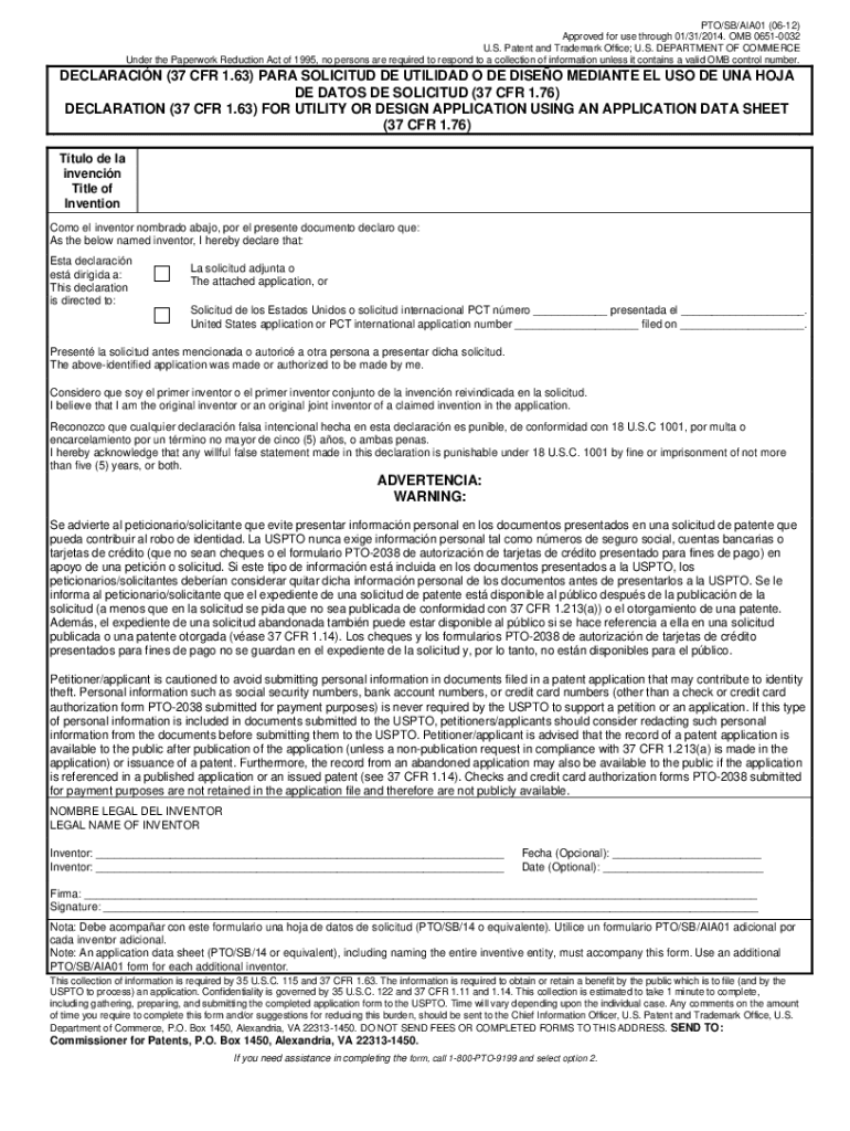 Fillable Online www.uspto.govsitesdefaultDeclaration (37 CFR 1.63) for ...