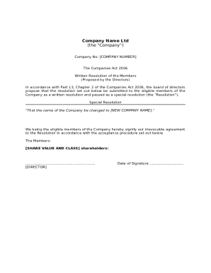 Written Resolution to Change Company Name Doc Template | pdfFiller