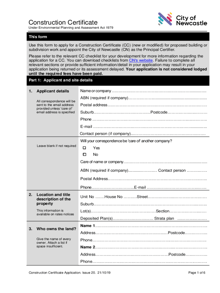 Fillable Online newcastle nsw gov upperhunter.nsw.gov.aufdocumentsApplication for Construction ...