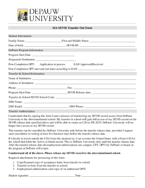 Fillable Online ISA SEVIS Transfer Out Form - DePauw University Fax ...