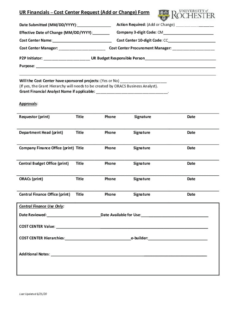 Fillable Online UR Financials Cost Center Request (Add or Change) Form ...