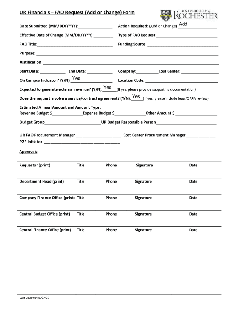 Fillable Online Fillable Online UR Financials FAO Request (Add or ...