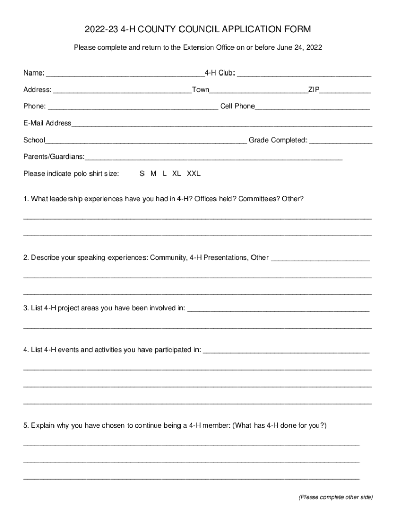 Fillable Online 2022-23 4-H COUNTY COUNCIL APPLICATION FORM Fax Email Print - pdfFiller