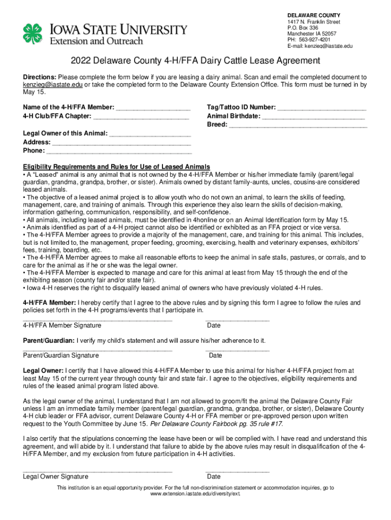 Fillable Online 2022 Delaware County 4-H/FFA Dairy Cattle Lease ...