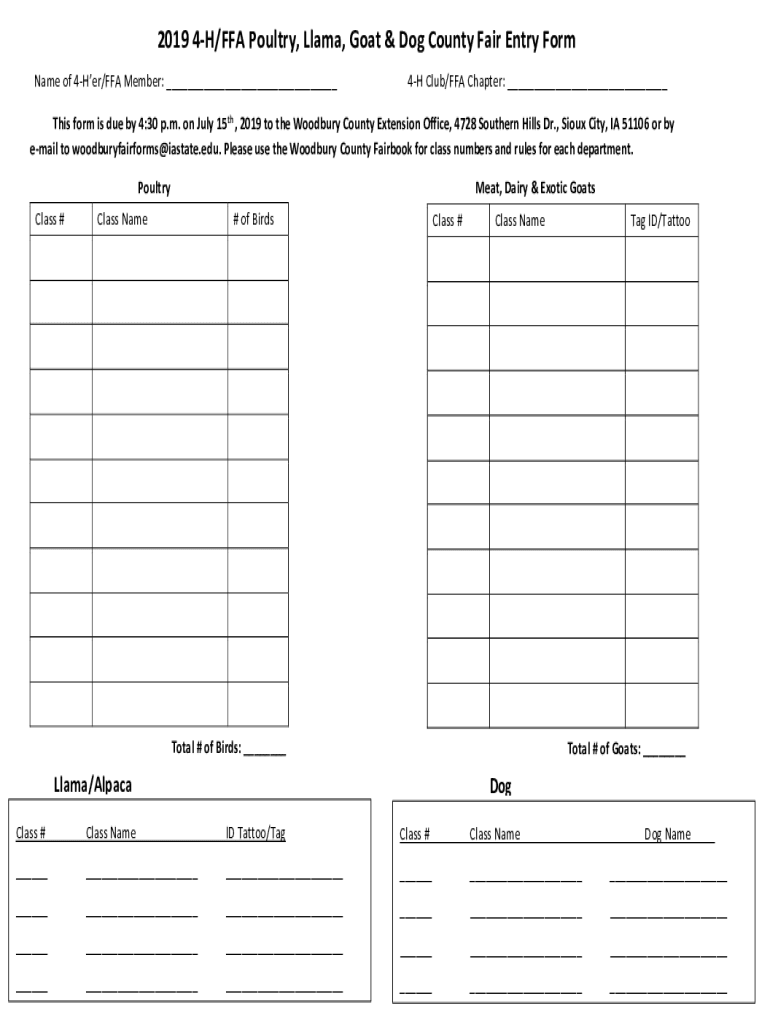Fillable Online 2016 4 H/FFA Poultry, Llama, Goat Dog County Fair Entry ...