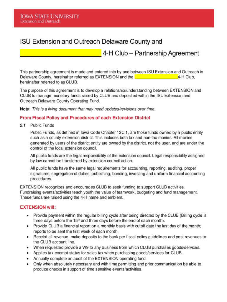 Fillable Online ISU Extension and Outreach County and 4-H ClubPartnership Agreement Fax Email ...
