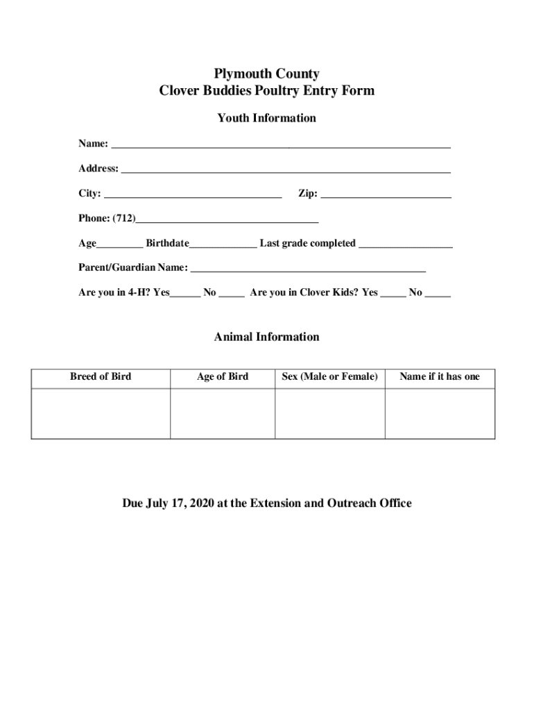 Fillable Online Plymouth County Clover Buddies Poultry Entry Form Fax ...