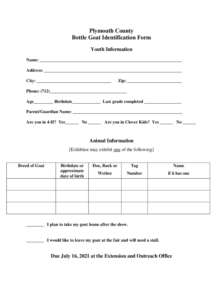 Fillable Online Plymouth County Bucket/Bottle Calf Identification Form ...