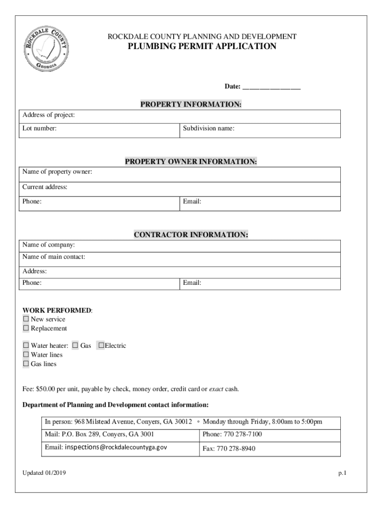 Fillable Online ROCKDALE COUNTY PLANNING AND DEVELOPMENT PLUMBING PERMIT APPLICATION Fax Email ...