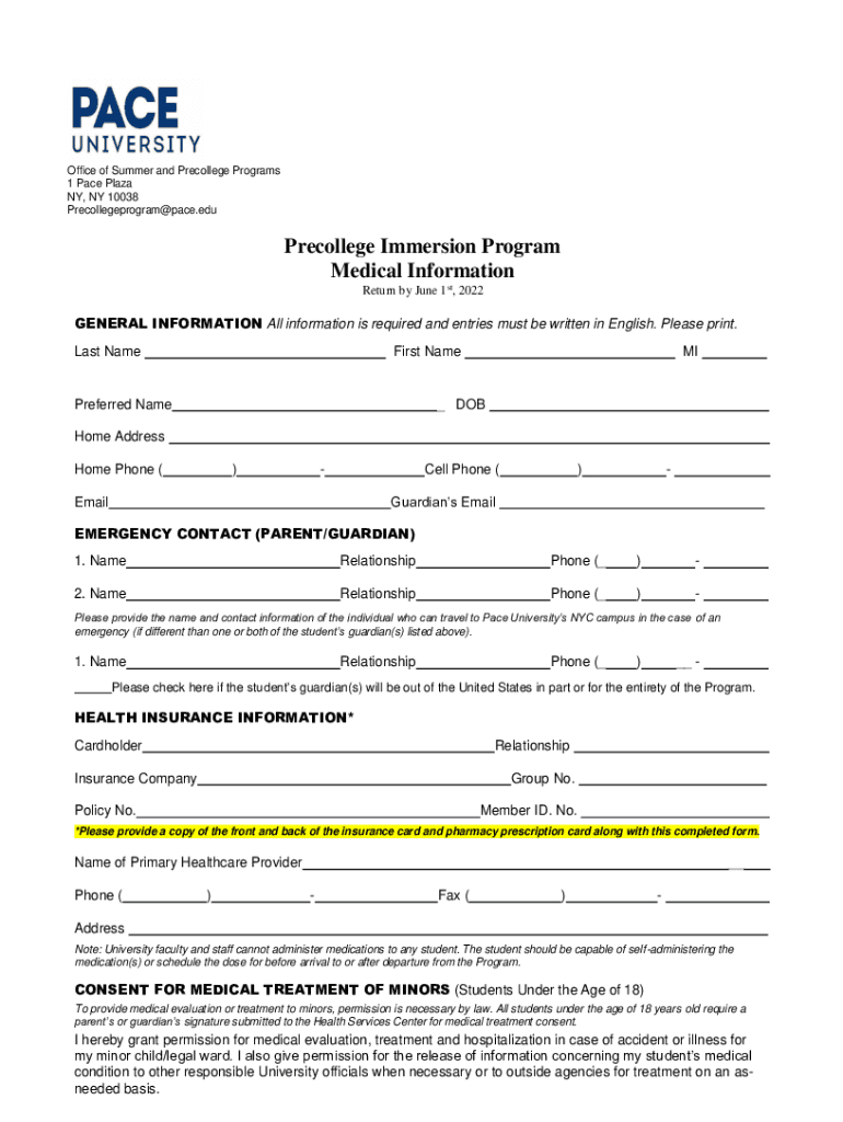 Fillable Online admission.pace.eduregisterprecollegeapplicationPrecollege Immersion Program ...