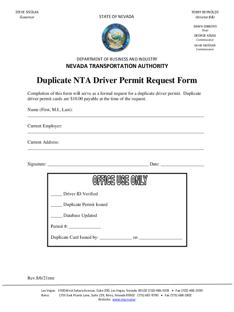 Fillable Online nta nv Duplicate Driver Permit Request Form Fax Email Print - pdfFiller