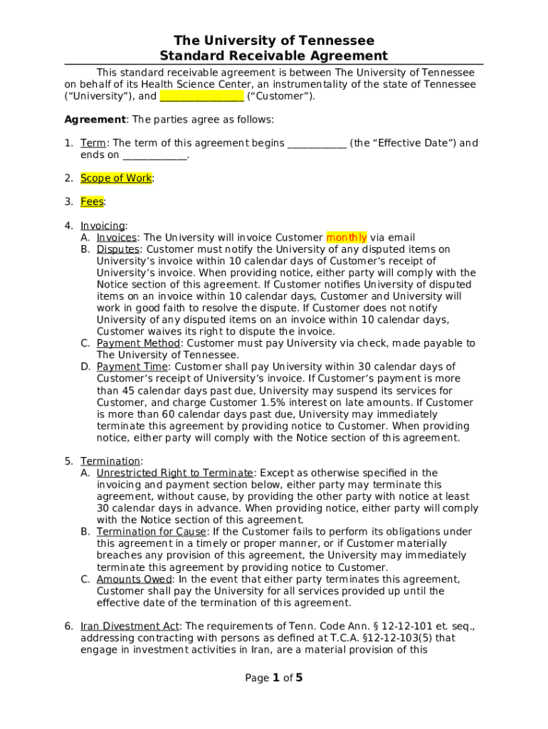 The University of Tennessee Standard Receivable (Payment to UT ...