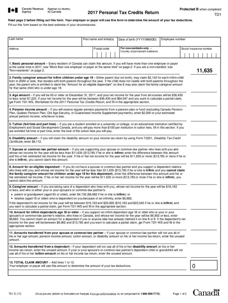 Fillable Online Filing Form TD1, Personal Tax Credits Return - Canada ...