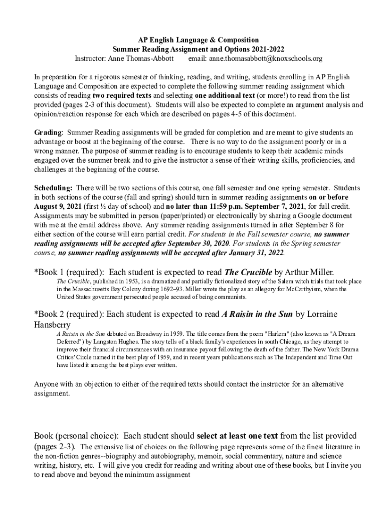 Fillable Online Summer Reading AP Lang & Comp 2021-22 Fax Email Print ...