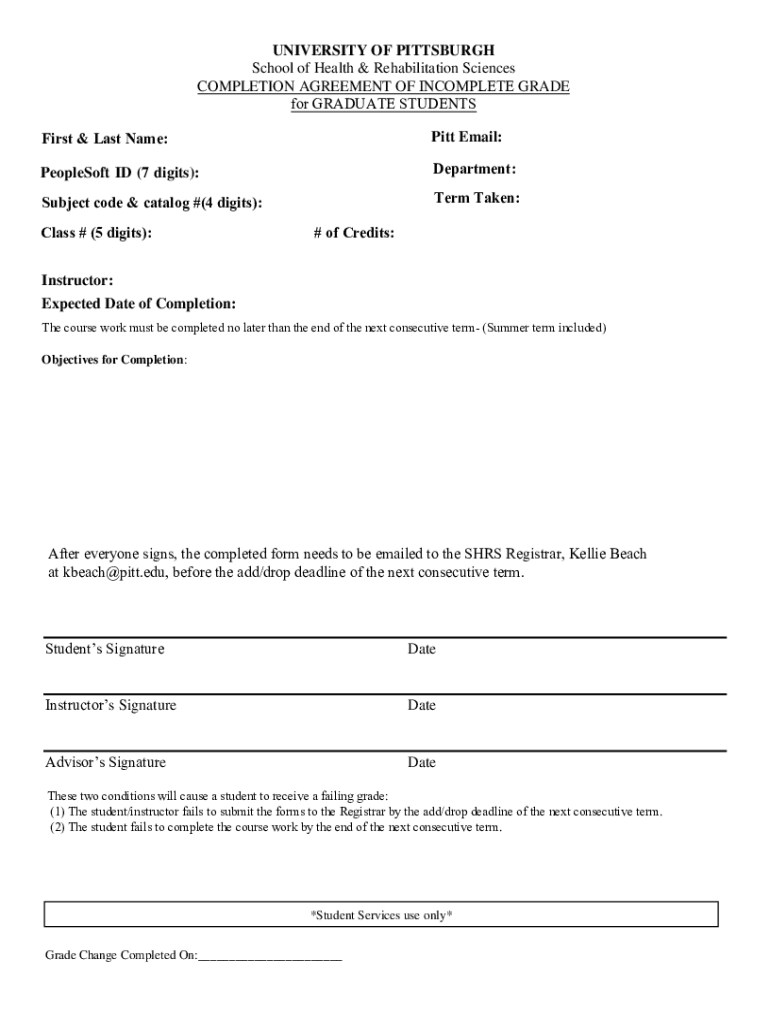 Fillable Online I Completion Agreement of I Grade Form - Updated 10. ...