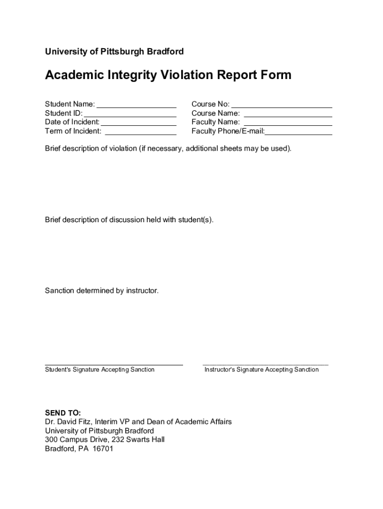 Fillable Online Academic Integrity Violation Report Form - Pitt ...
