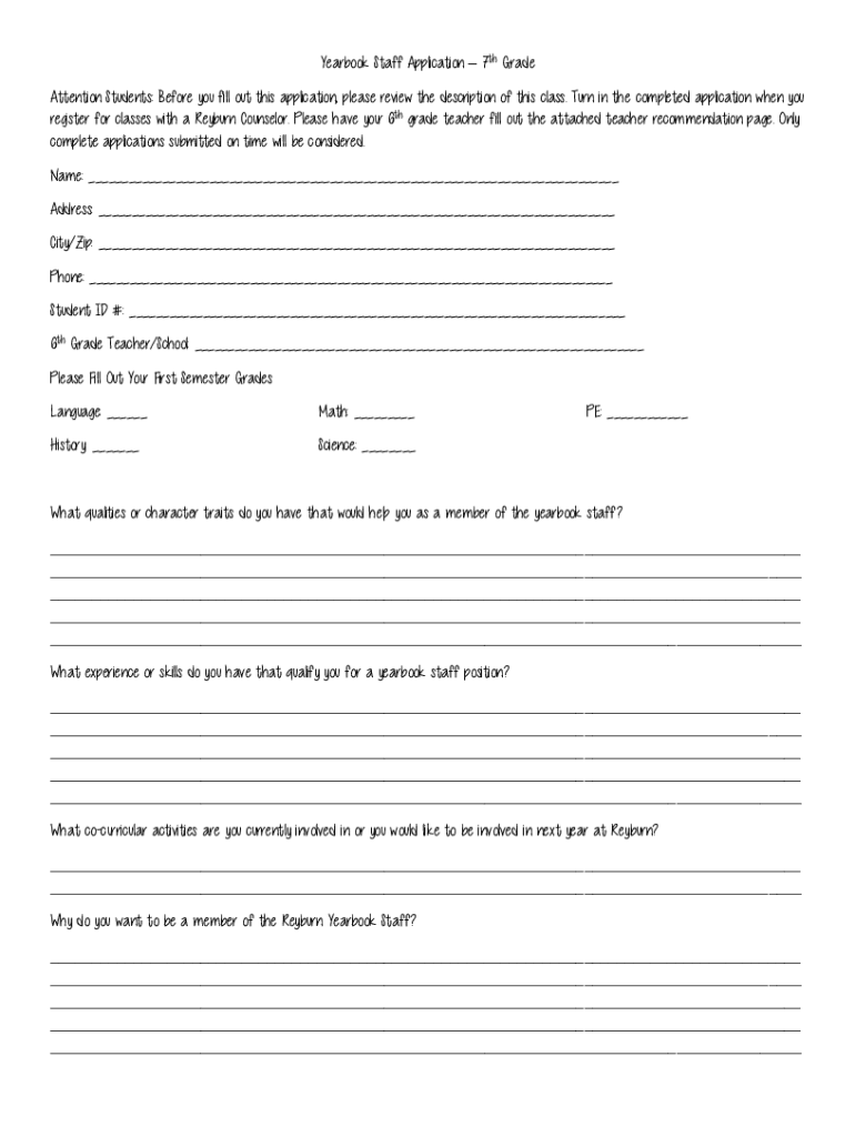 Fillable Online Yearbook Staff Application Template: Sign-Up Volunteers Now! - Treering Fax ...