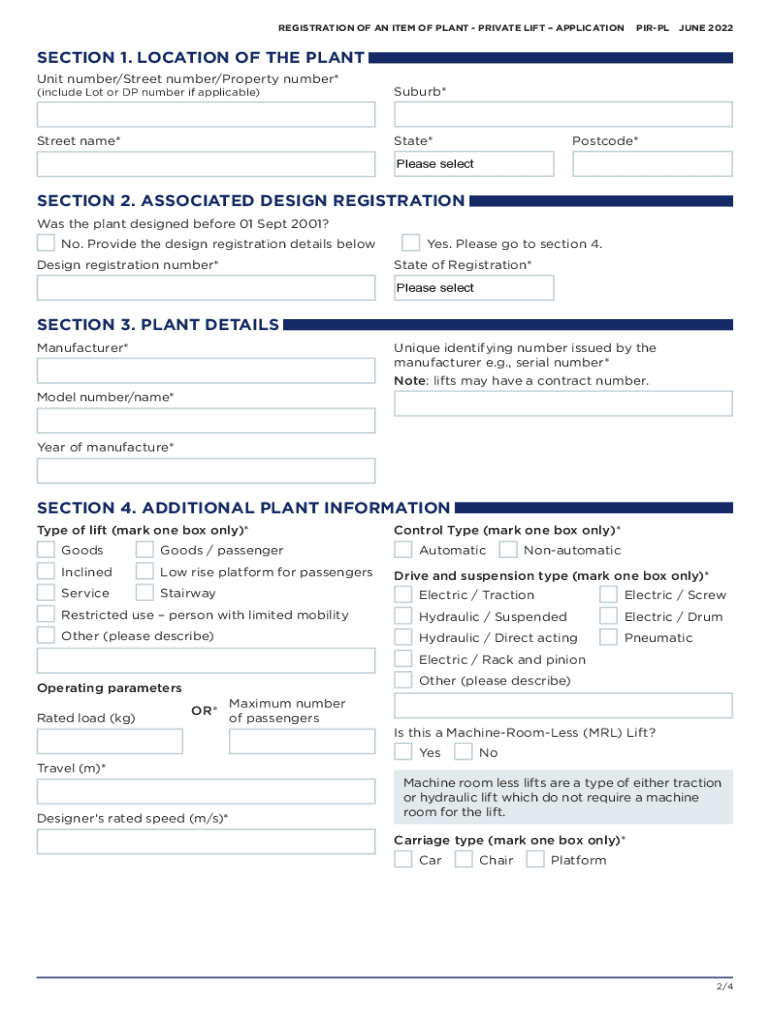 Fillable Online Registration of an item of plant - private lift ...