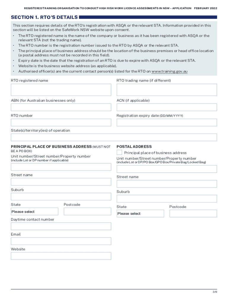 Fillable Online Registered training organisation to conduct high risk ...