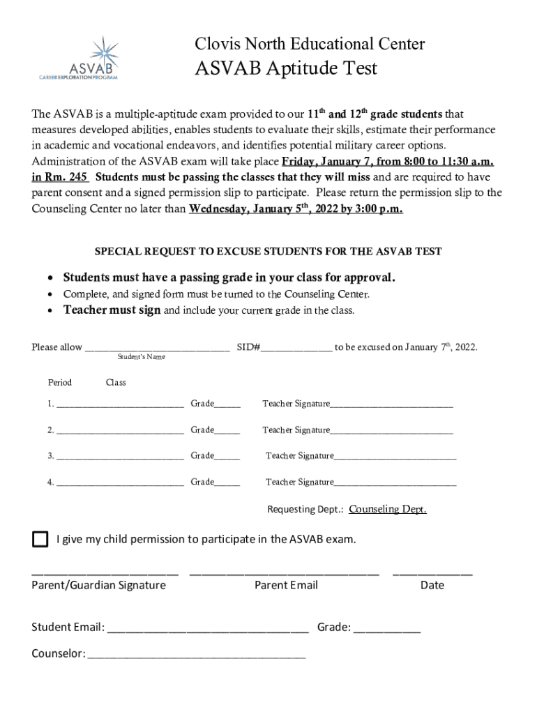 Fillable Online cnec.cusd.comDownloadsASVAB Permission SlipClovis North ...