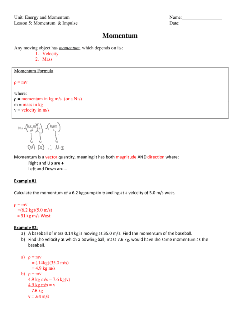 Fillable Online UNIT 5 - MOMENTUM - AP PHYSICS I LAB PORTFOLIO Fax ...