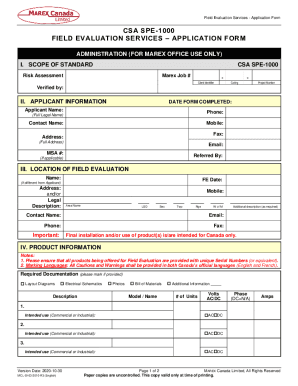 Fillable Online CSA SPE-1000 FIELD EVALUATION SERVICES APPLICATION FORM ...