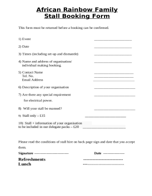 STALL BOOKING AFRICAN RAINBOW FAMILY Doc Template | pdfFiller