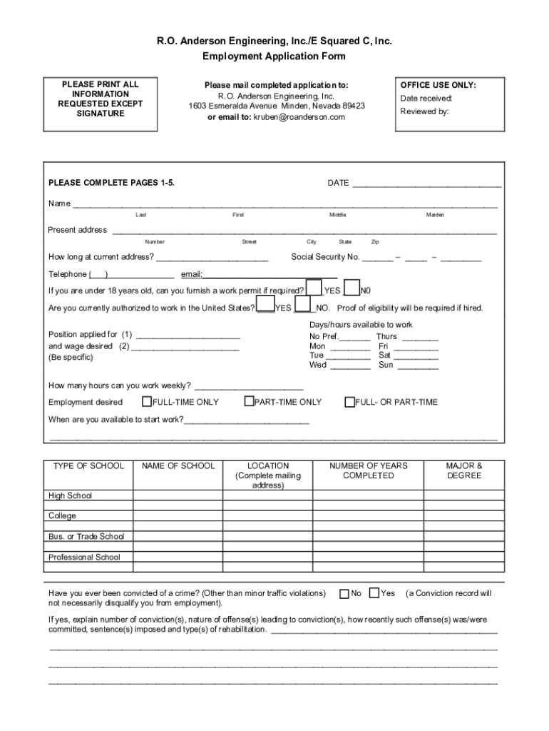 Fillable Online RO Anderson Engineering Employment Application Fax Email Print - pdfFiller