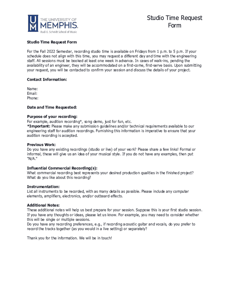 Fillable Online Studio Time Request Form Fax Email Print - pdfFiller