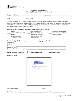 Fillable Online Gift Plate Request Form - The University of Memphis Fax ...