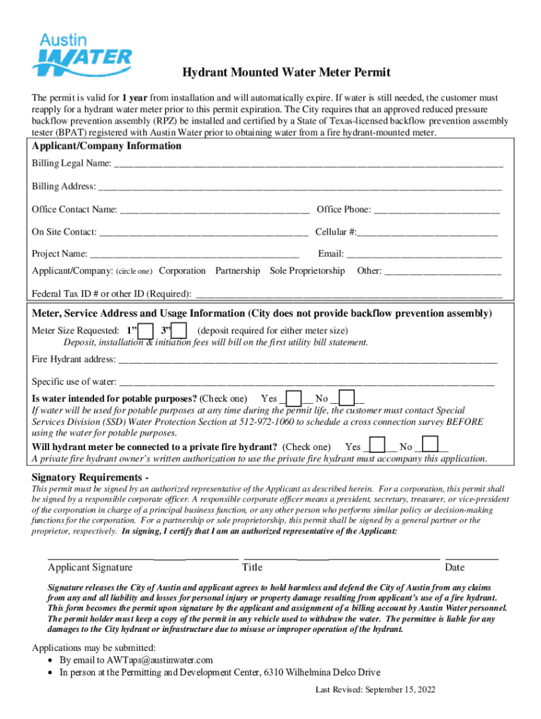 Fillable Online Hydrant Mounted Water Meter Permit - AustinTexas.gov ...