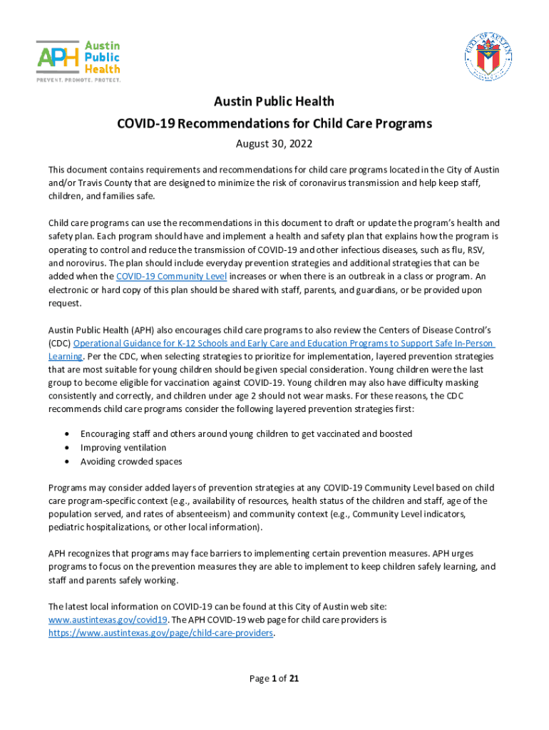 Fillable Online Austin Public Health COVID-19 Recommendations for Child Care Programs Fax Email ...