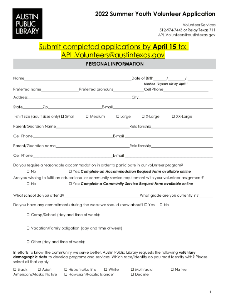 Fillable Online Summer Youth Volunteer Opportunities - VA Center for ...