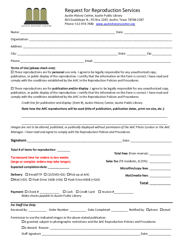 Fillable Online library.austintexas.govlibraryrequestRequest for Reproduction Services - Austin ...