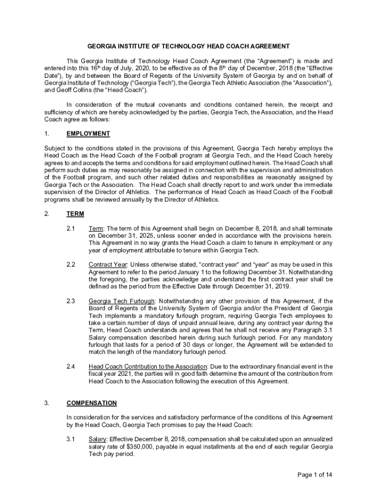 Fillable Online GEORGIA INSTITUTE OF TECHNOLOGY HEAD COACH AGREEMENT ...