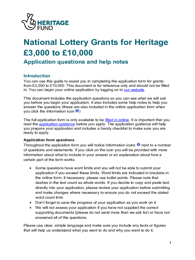 Fillable Online National Lottery Grants for Heritage Help Notes 3,000 ...