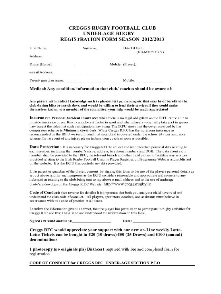 Fillable Online CREGGS RUGBY FOOTBALL CLUB Fax Email Print - pdfFiller