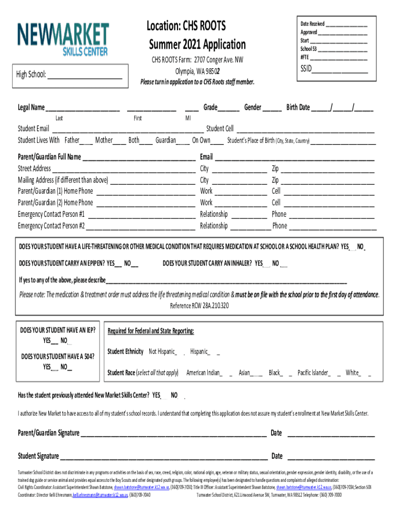 Fillable Online Location: CHS ROOTS Summer 2021 Application Fax Email ...