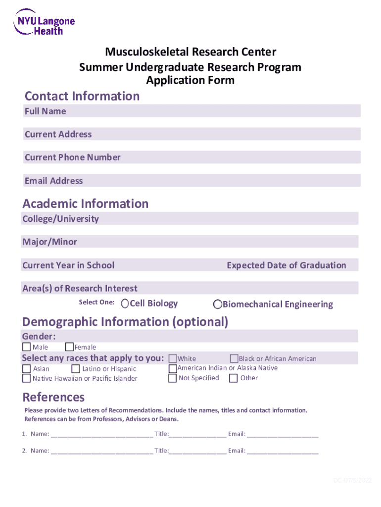 Fillable Online med nyu Musculoskeletal Research Center Summer Undergraduate Research Program ...