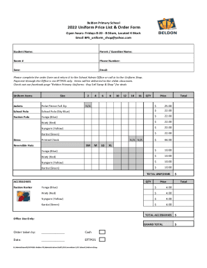 Fillable Online Beldon Primary School 2022 Uniform Price List & Order ...