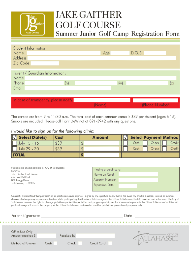 Fillable Online Jake Gaither Golf Course - Summer Junior Golf Camp ...