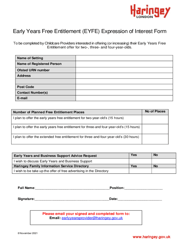 Fillable Online Early Years Free Entitlement (EYFE) Expression of ...