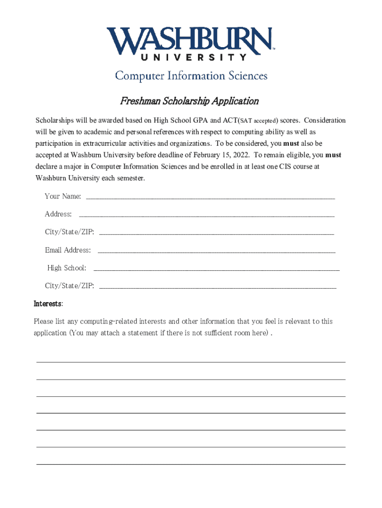Fillable Online Freshman Scholarship Application - Washburn University Fax Email Print - pdfFiller