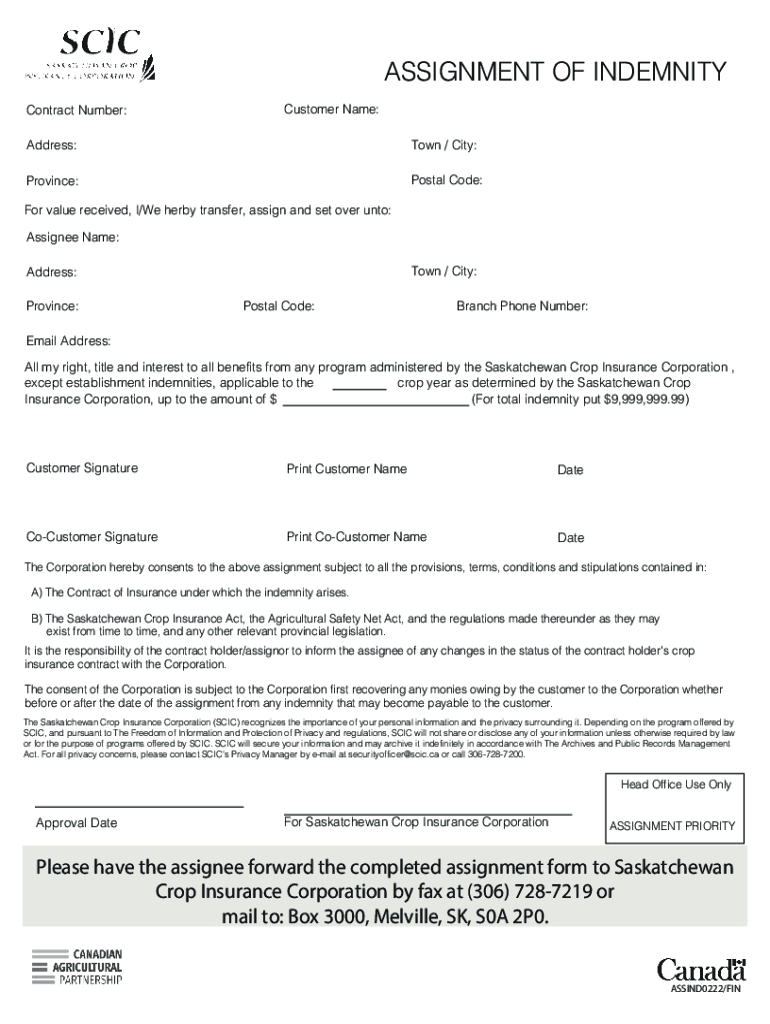 Fillable Online SCIC Assignment Of Indemnity (2).pdf Fax Email Print - pdfFiller