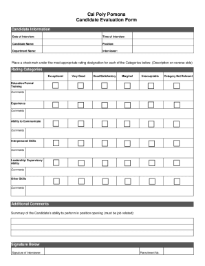 Fillable Online Candidate Evaluation Form. candidate evaluation for ...