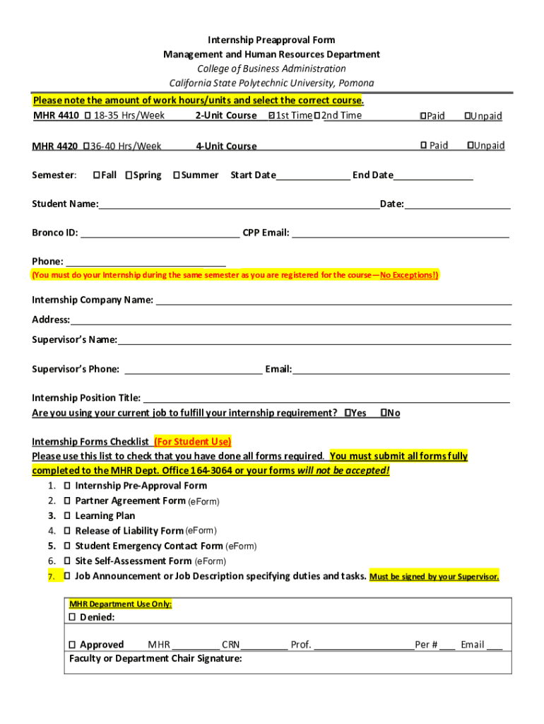 Fillable Online Internship Preapproval Form Management and Human ... Fax Email Print - pdfFiller
